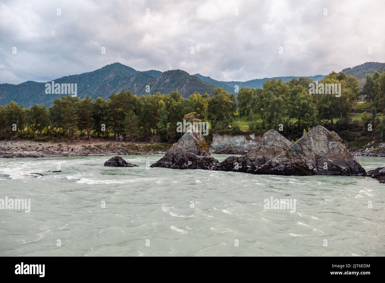 A fast-flowing wide and full-flowing mountain river. Large rocks stick ...
