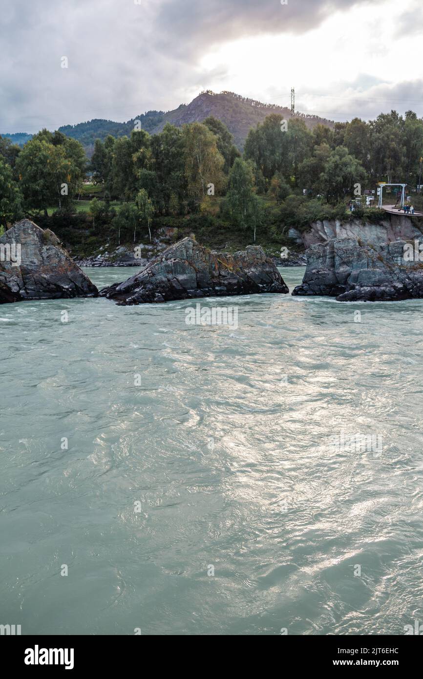 A fast-flowing wide and full-flowing mountain river. Large rocks stick ...