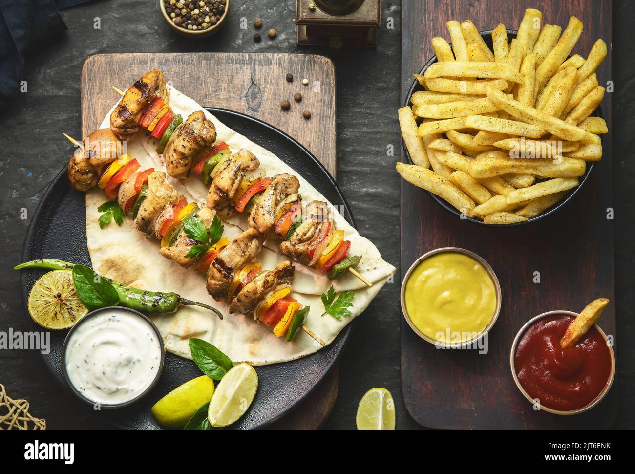 Arabic cuisine; Traditional Chicken Shish Kebabs or Shish Tawook ...