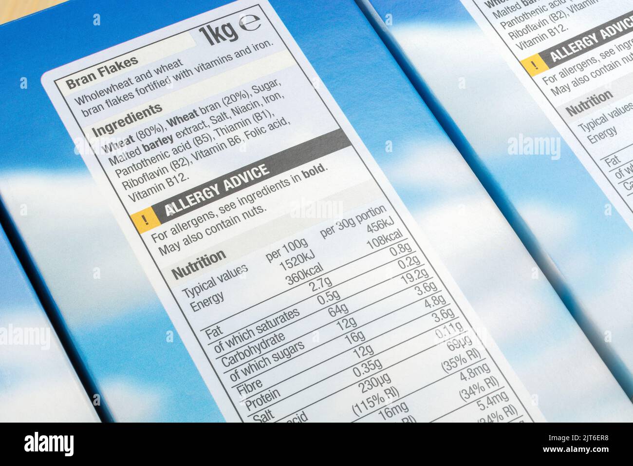 Close shot of food ingredient / nutrition / allergen labelling on ...
