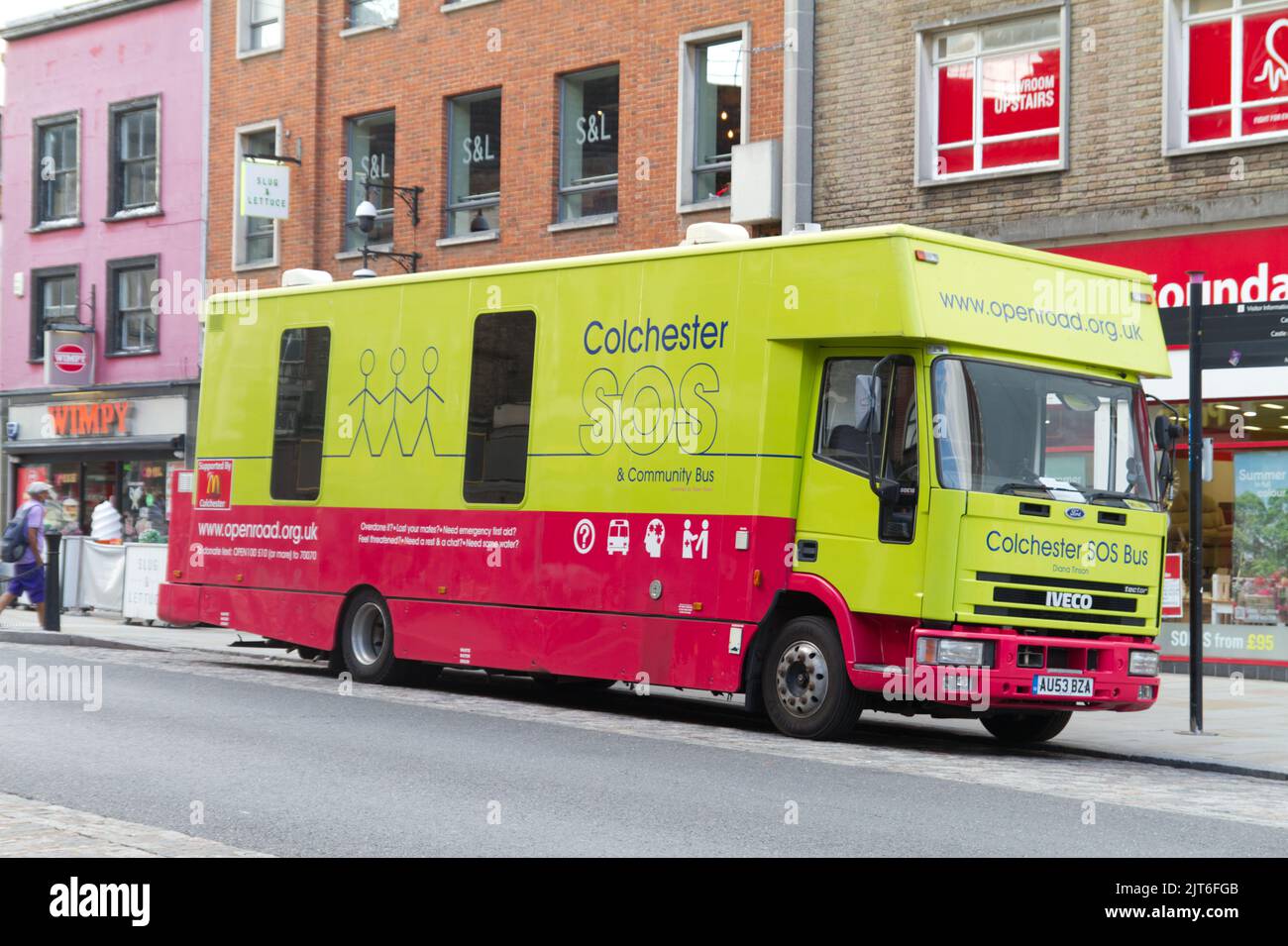 Colchester SOS and Community bus parked in the High Street. The bus is ...