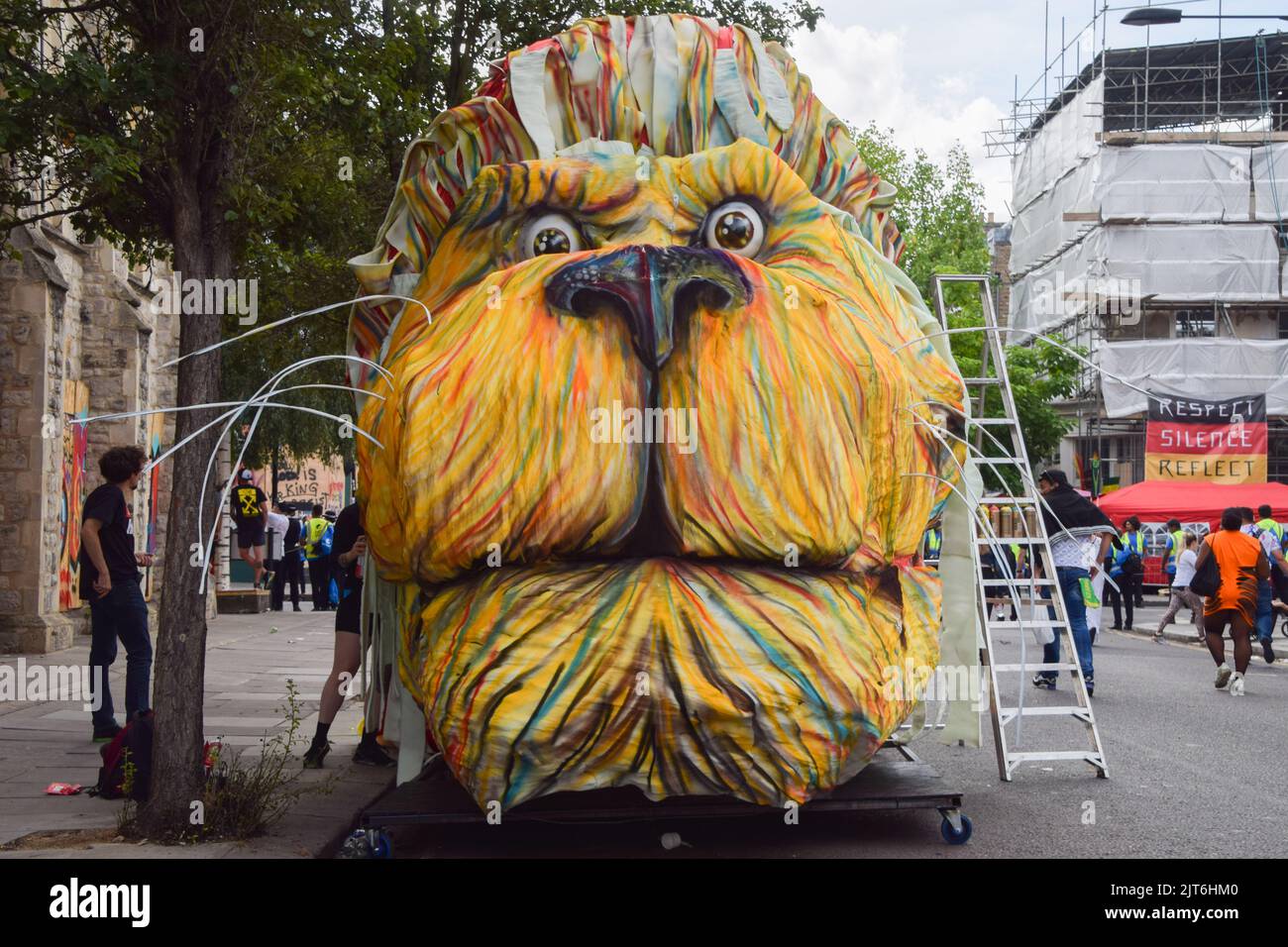London, UK. 28th August 2022. A lion float under preparation on the ...