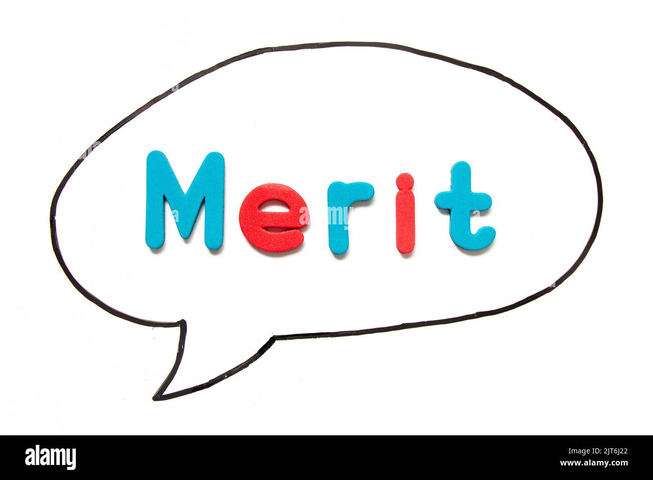 Alphabet letter with word merit in black line hand drawing as bubble ...