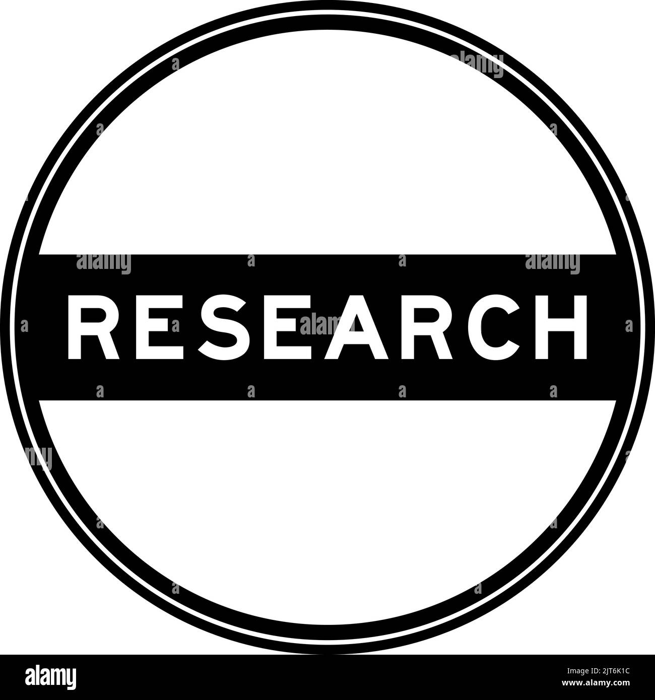 Black color round seal sticker in word research on white background ...