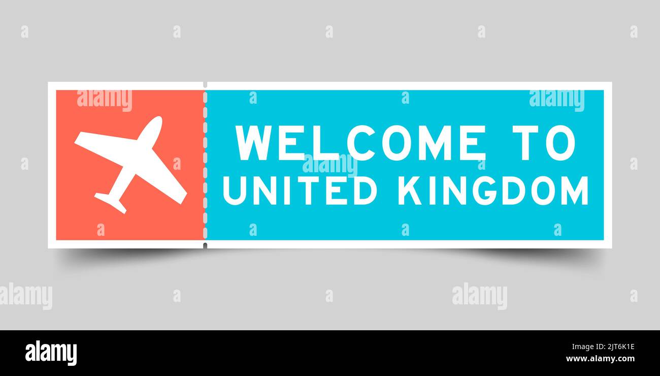 Orange and blue color ticket with plane icon and word welcome to united ...