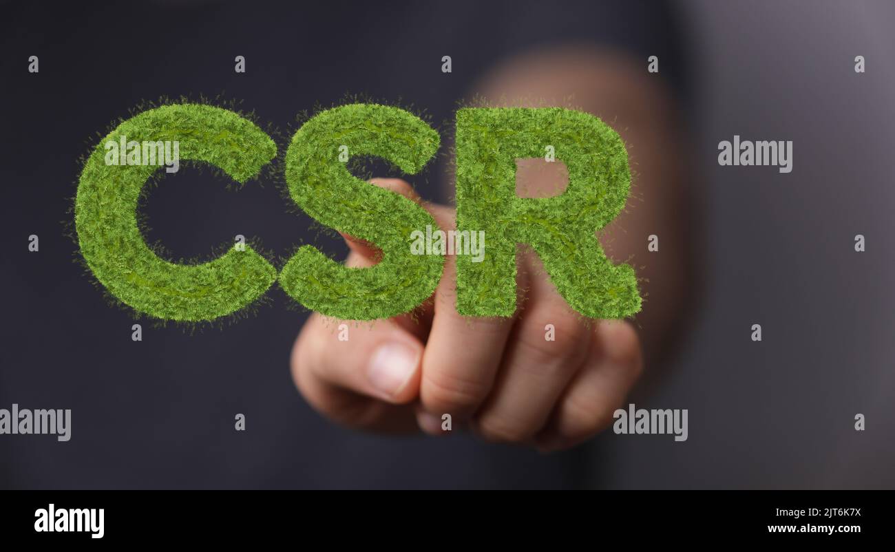 A man's hands touching green plants arranged in CSR shape-corporate ...