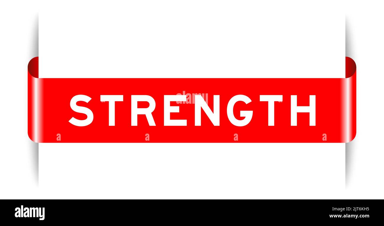 Red color inserted label banner with word strength on white background ...