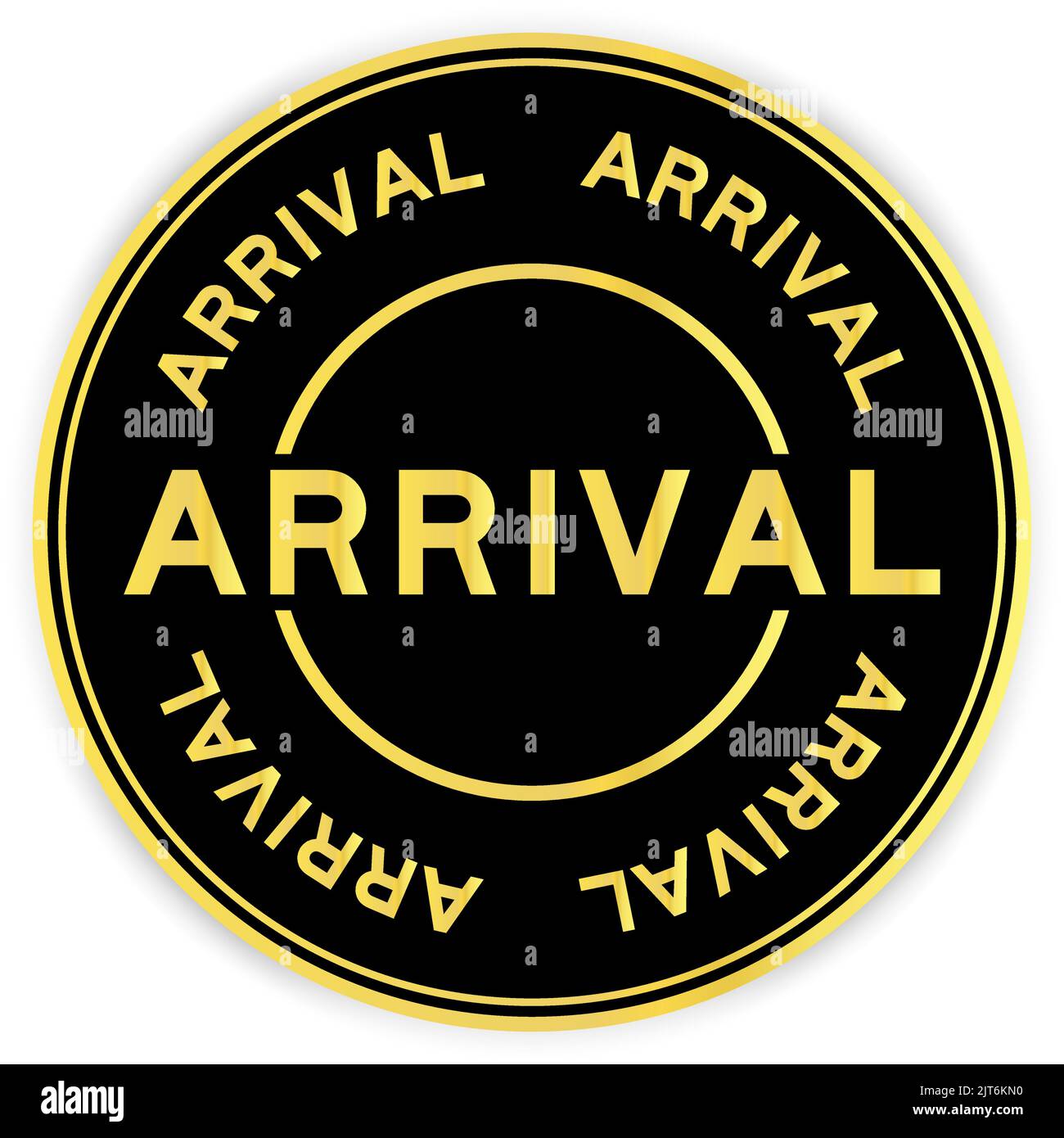 Black and gold color round label sticker with word arrival on white ...