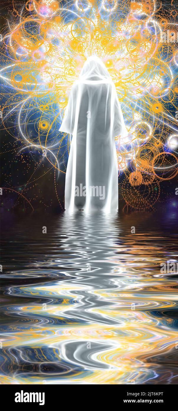 Figure in white cloak floats above reflecting surface. 3D rendering ...