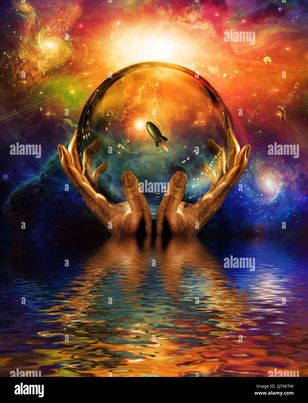 Glass ball in hands with abstract space background. 3D rendering Stock ...