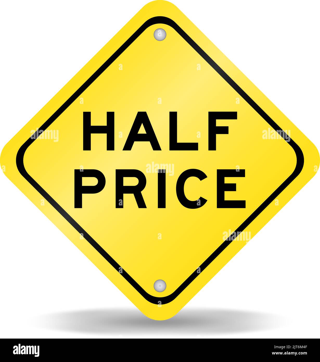 Yellow color transportation sign with word half price on white ...