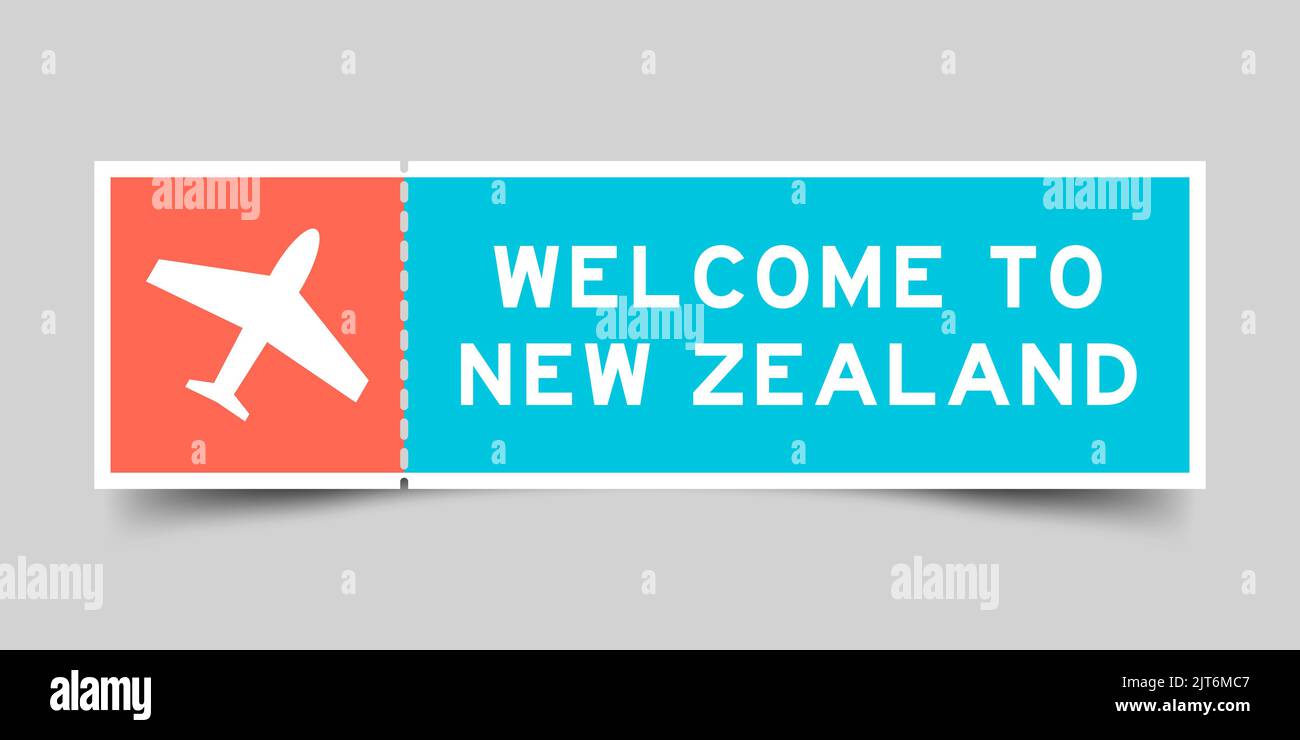 Orange and blue color ticket with plane icon and word welcome to new ...