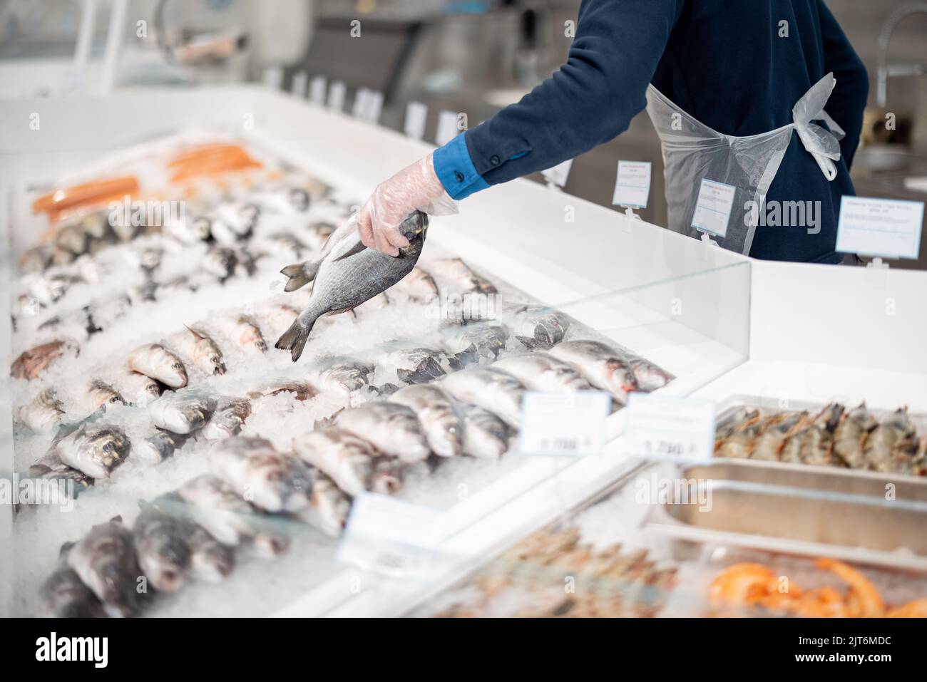Fishmonger lays out fish on an ice counter in a supermarket Stock Photo ...