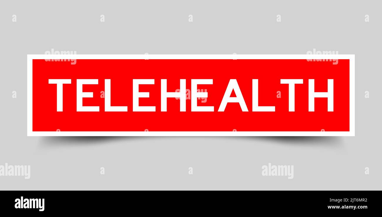 Red color square shape sticker label with word telehealth on gray ...