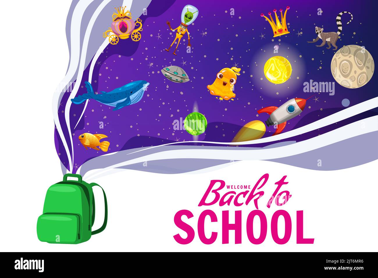 Welcome Back to school poster backpack, space imagination, creative ...