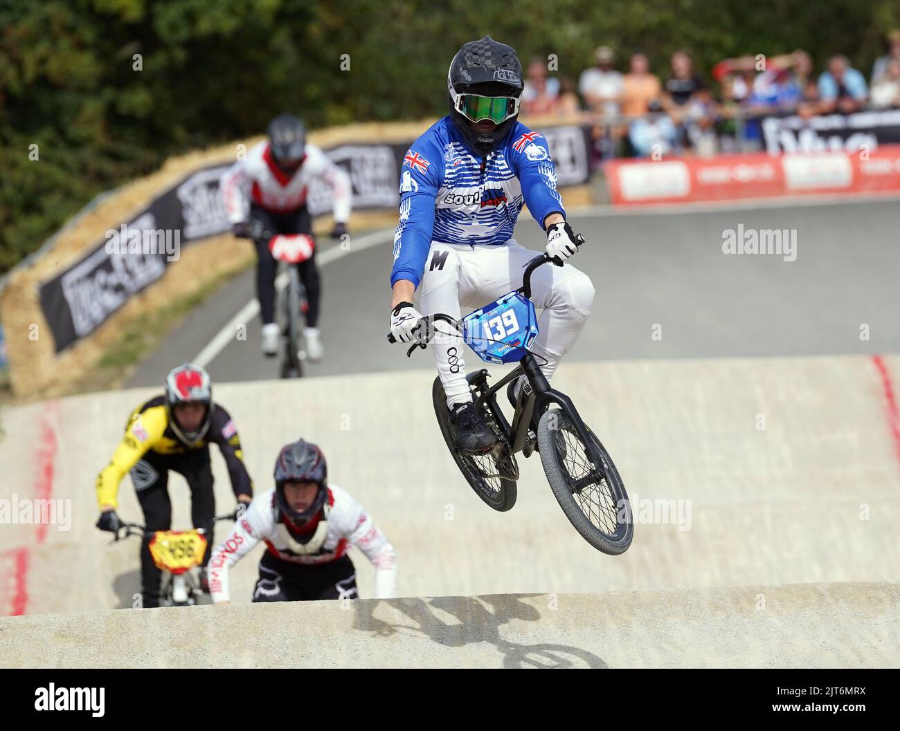 A rider competes in Moto 2 during day two of the British BMX ...