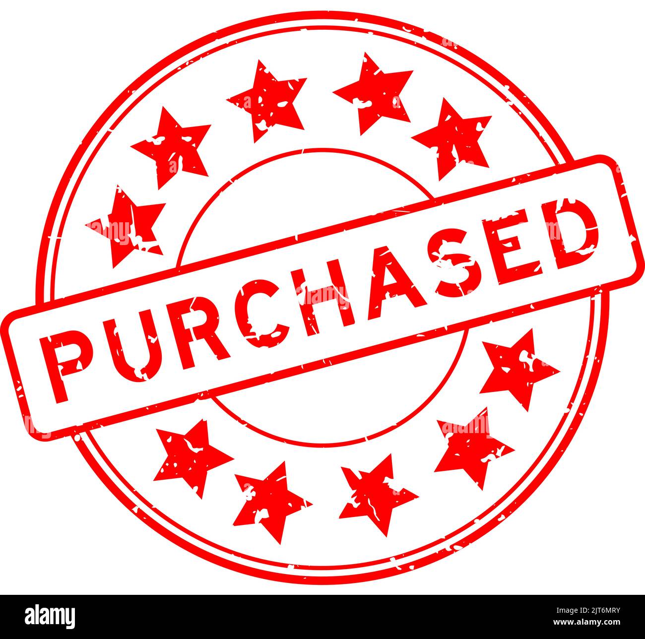 Grunge red purchased word with star icon round rubber seal stamp on ...