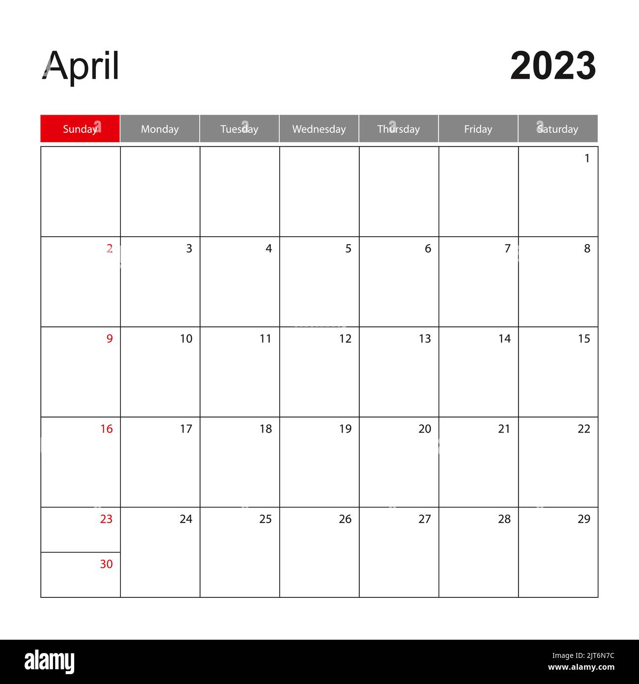 Wall calendar template for April 2023. Holiday and event planner, week ...