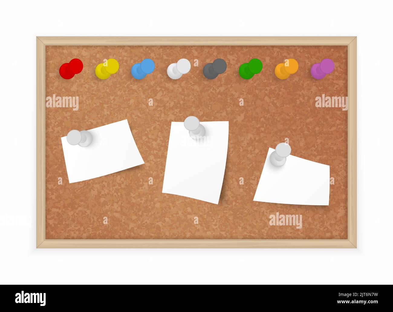 Cork Board with different pushpins and pinned notes, vector Bulletin ...