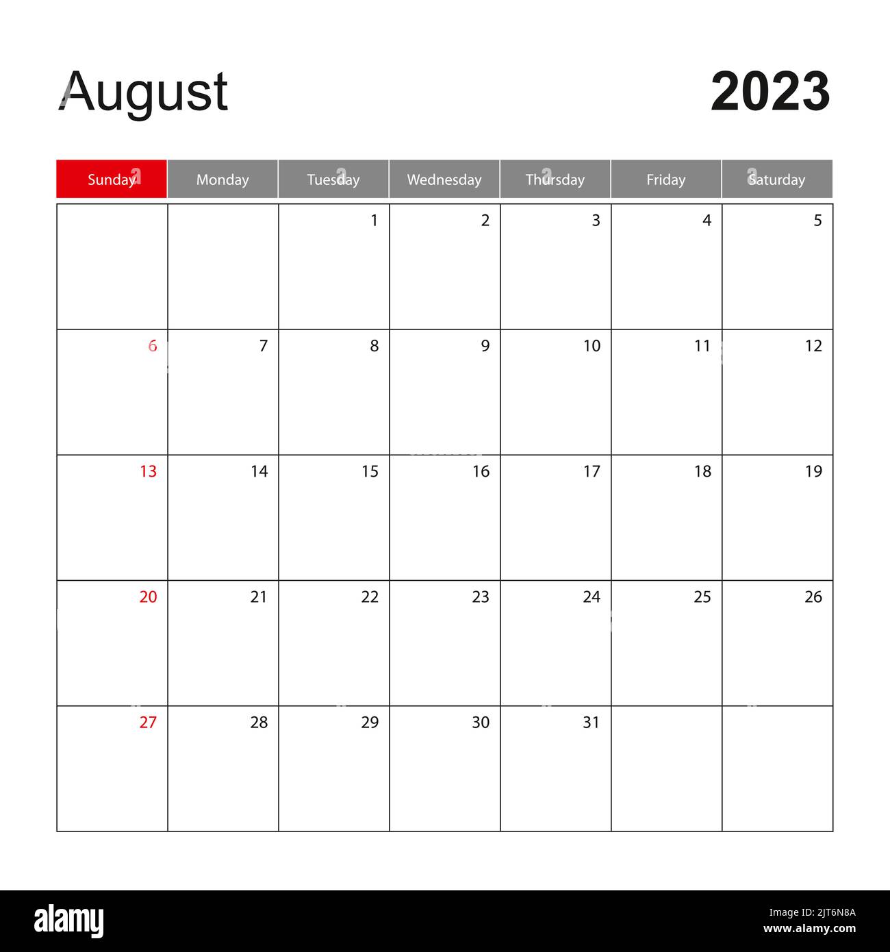Wall calendar template for August 2023. Holiday and event planner, week ...