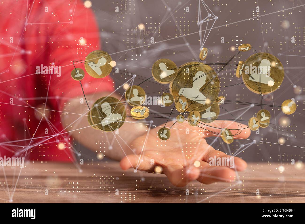A 3D illustration of human figures floating above a hand connected with ...