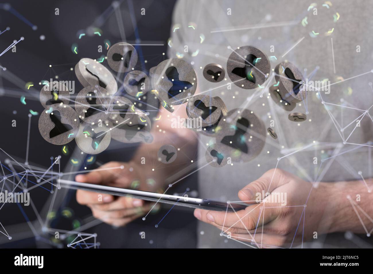 A 3D illustration of human figures floating above a hand connected with ...