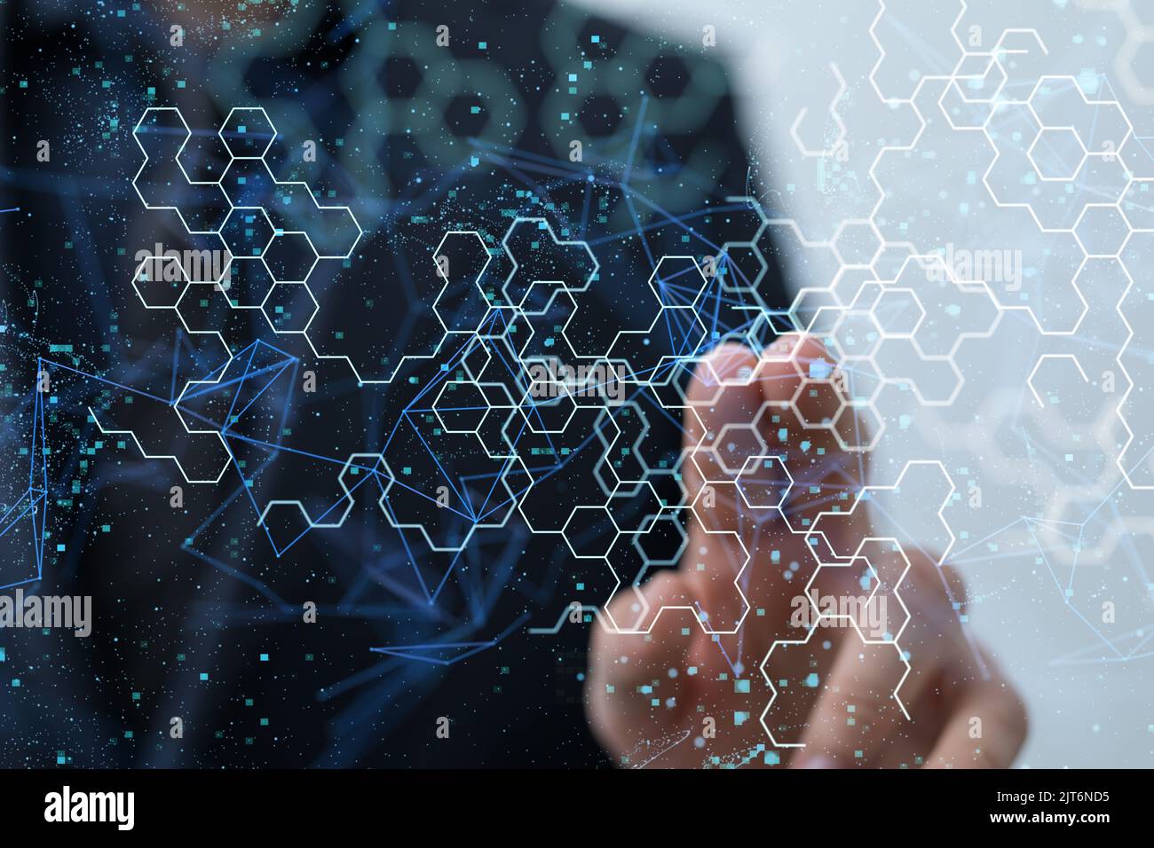 A male's hand pressing illustrative network connection structure with ...