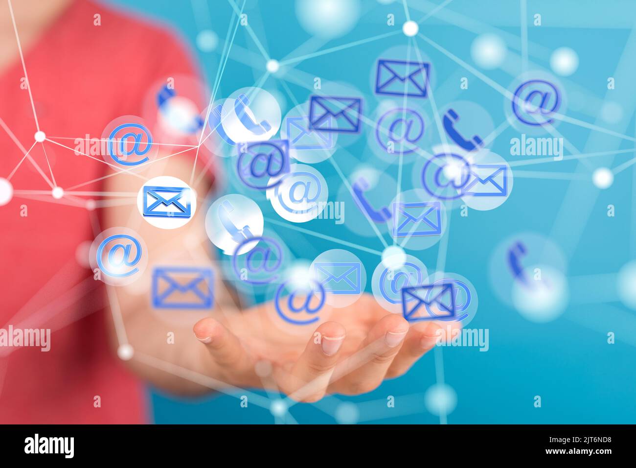 The 3D rendering of email, message, and call symbols floating above a ...