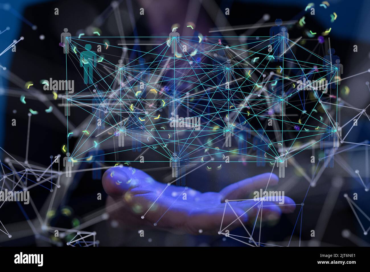 A 3D rendering of human figures showing connection and network floating ...