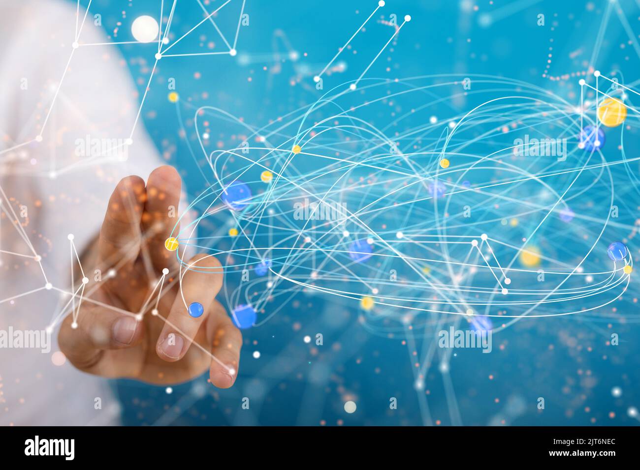 A male's hand pressing illustrative network connection structure with ...
