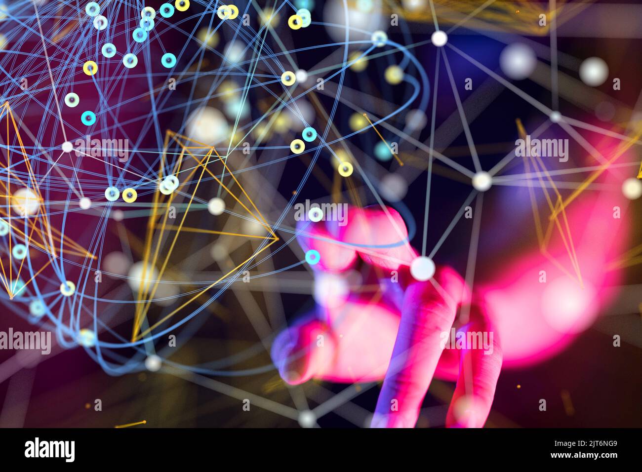A male's hand pressing illustrative network connection structure with ...