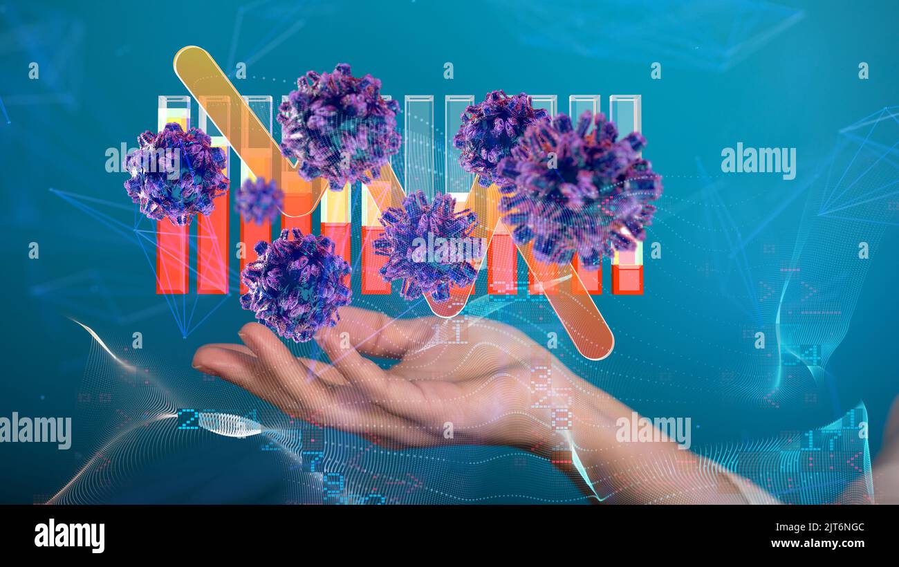 A 3D rendering of virus Connecting lines and dots floating above the person's hand Stock Photo ...