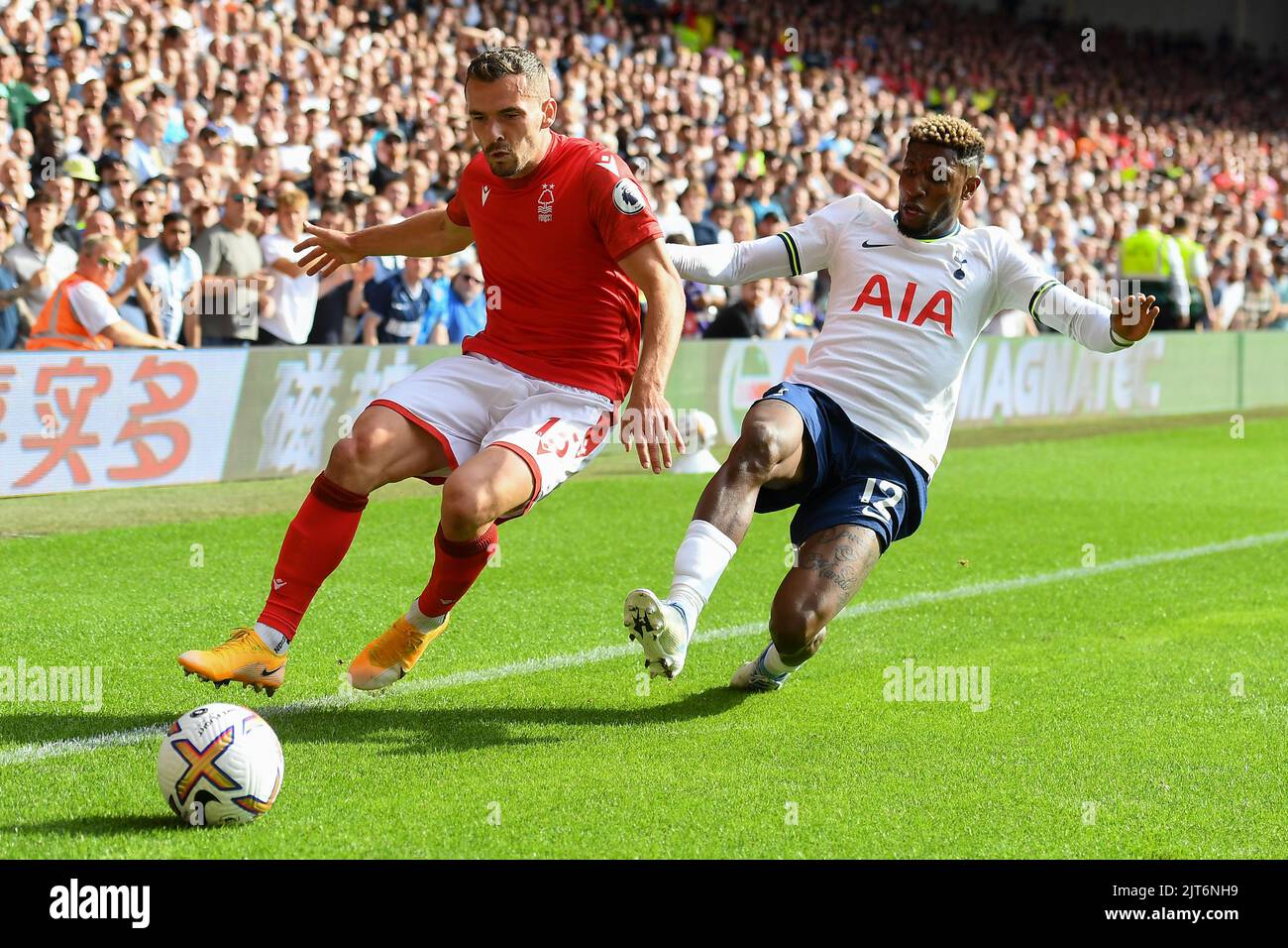 Harry Toffolo of Nottingham Forest battles with Emerson of Tottenham ...