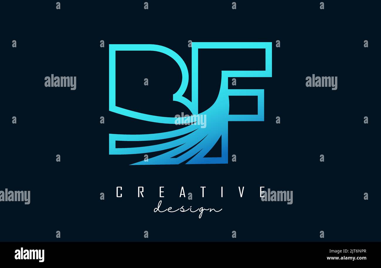Outline blue letter BF b f logo with leading lines and road concept ...