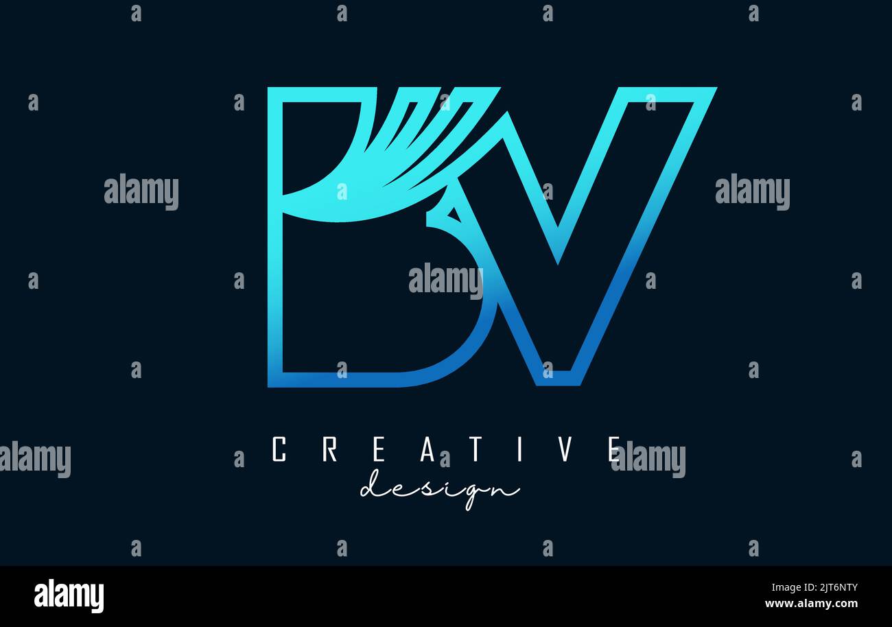 Outline blue letter BV b v logo with leading lines and road concept ...