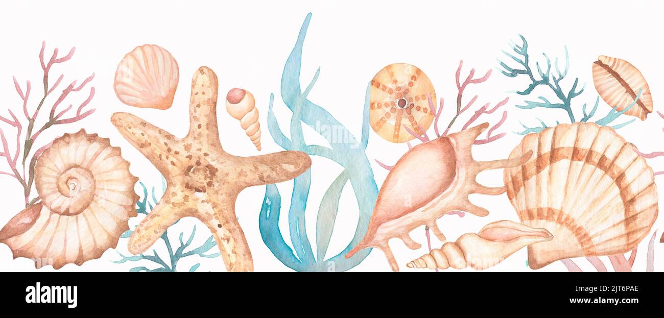 watercolor marine border. seamless sea tape with corals, starfish and ...