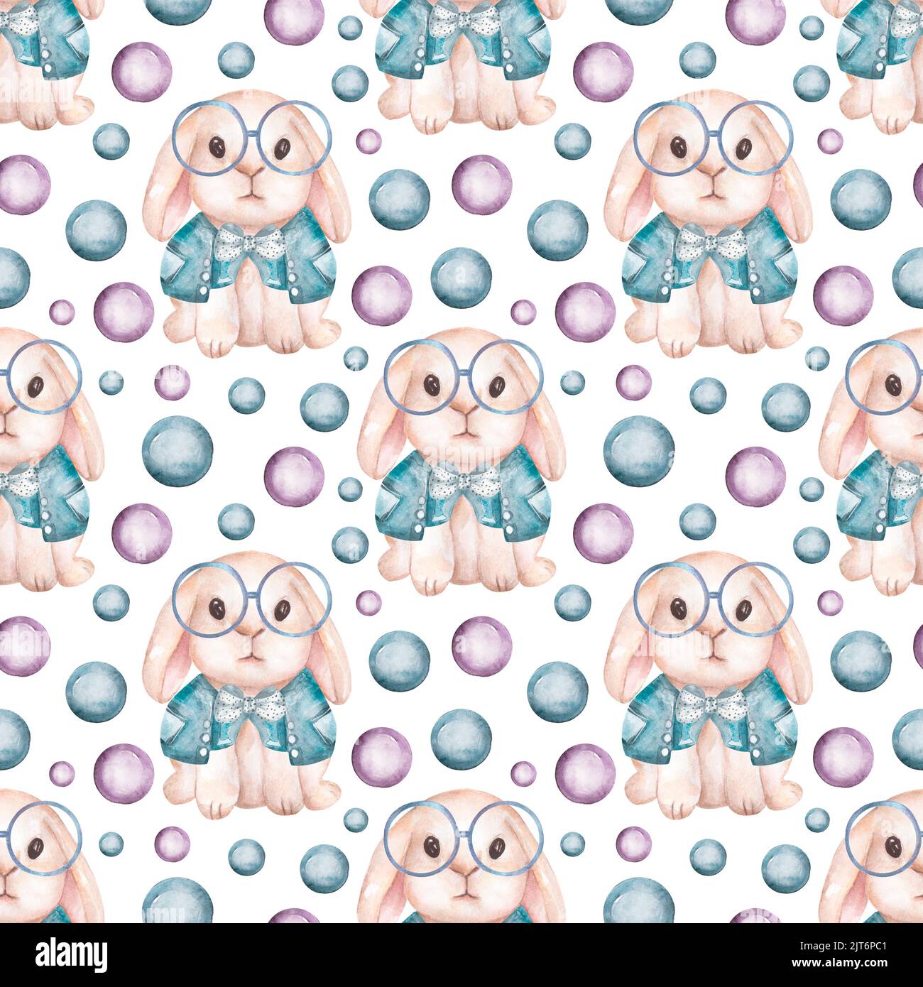 Watercolor seamless pattern with cute rabbits and polka dots. Wild ...