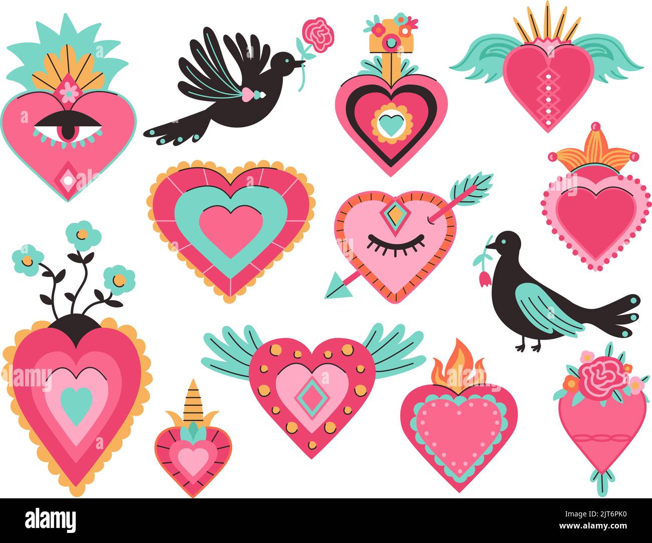 Traditional mexican hearts. Retro mexico heart sacred with gods eyes ...