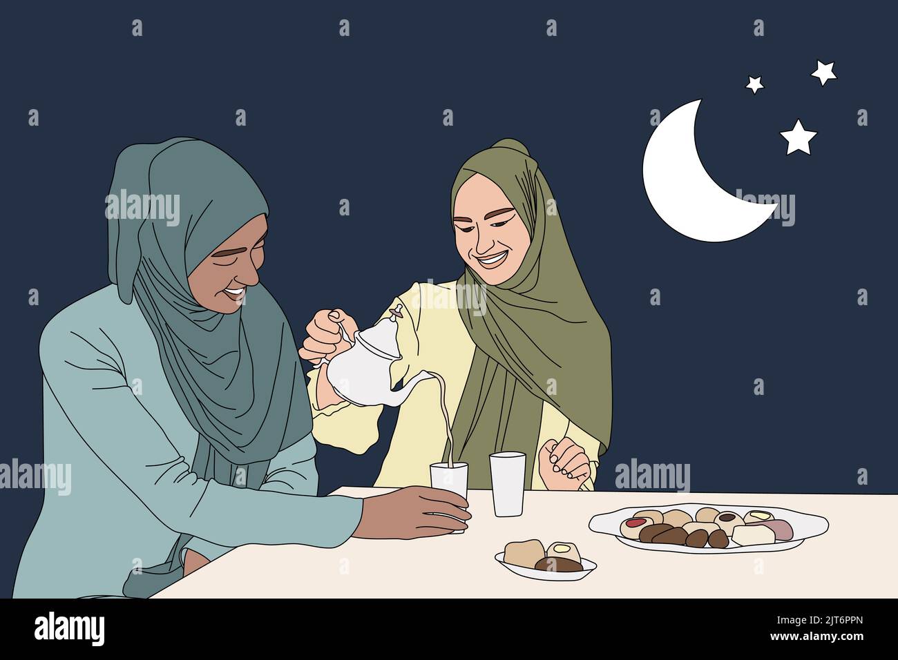 Two muslim women serving tea and eating arabic sweets during ramadan ...