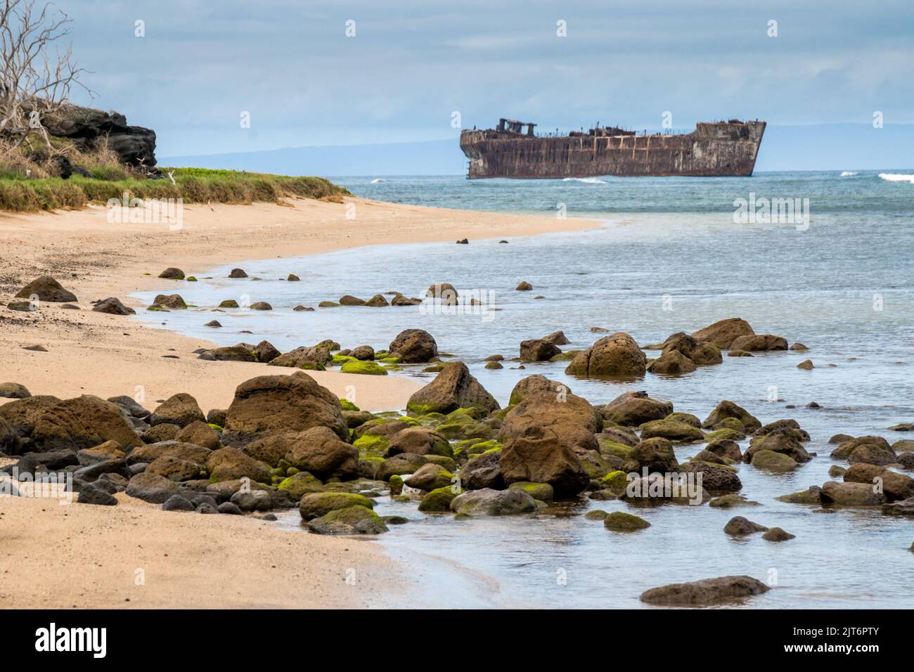 Lana’i North Shore - Shipwreck Beach - Navy Fuel Barge YOGN-42 Stock ...