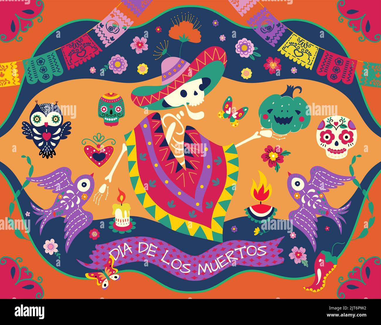 Day of dead poster with festive human skeleton in mexico poncho ...