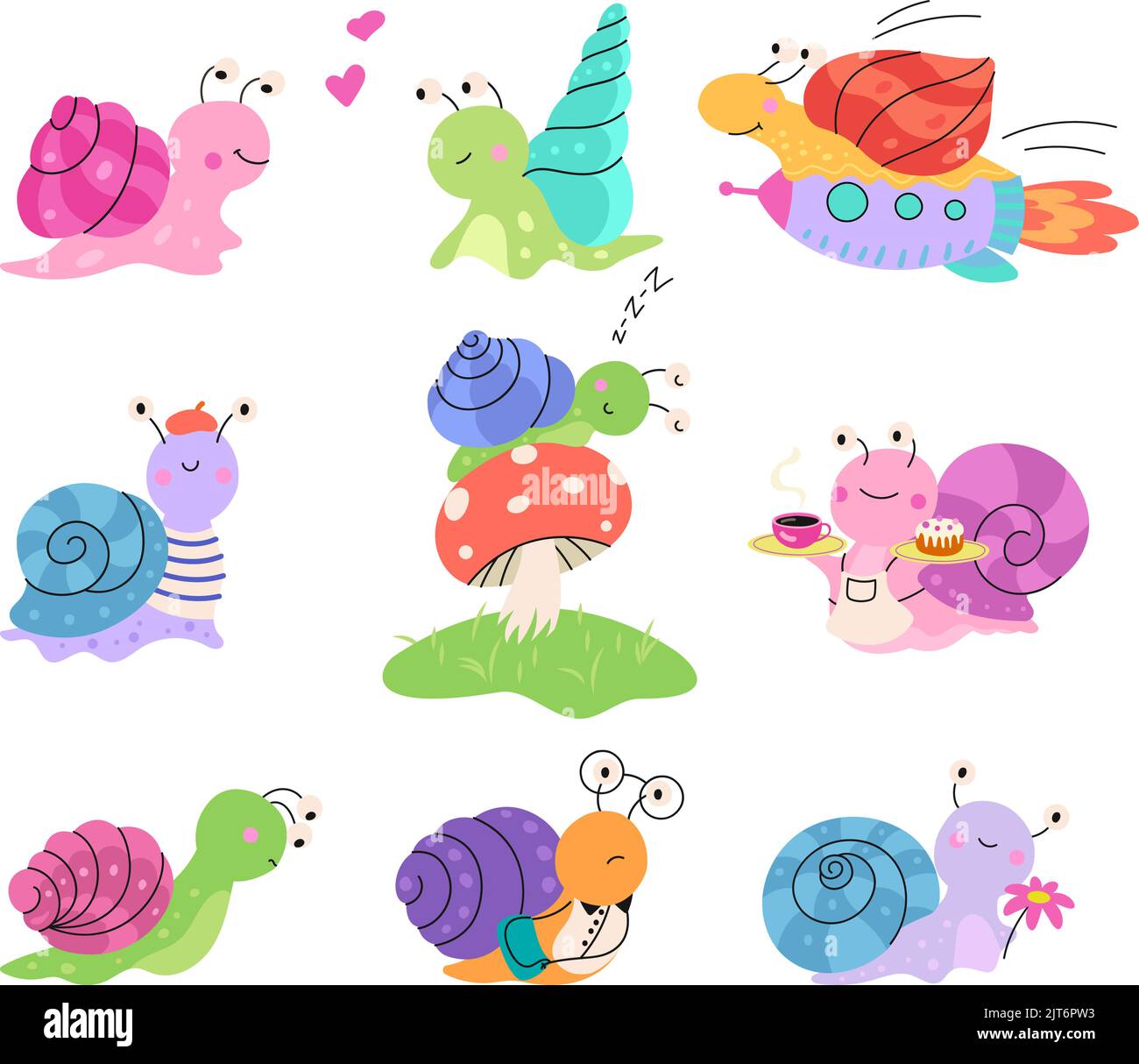 Cute cartoon snail. Gastropod shell, garden snails happy set. Wild ...
