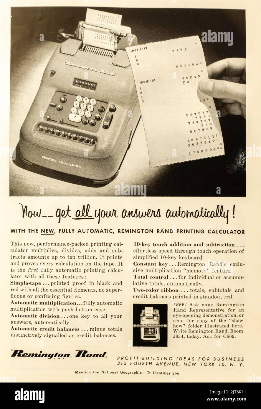 Remington Rand printing calculator advertisement placed inside NatGeo ...