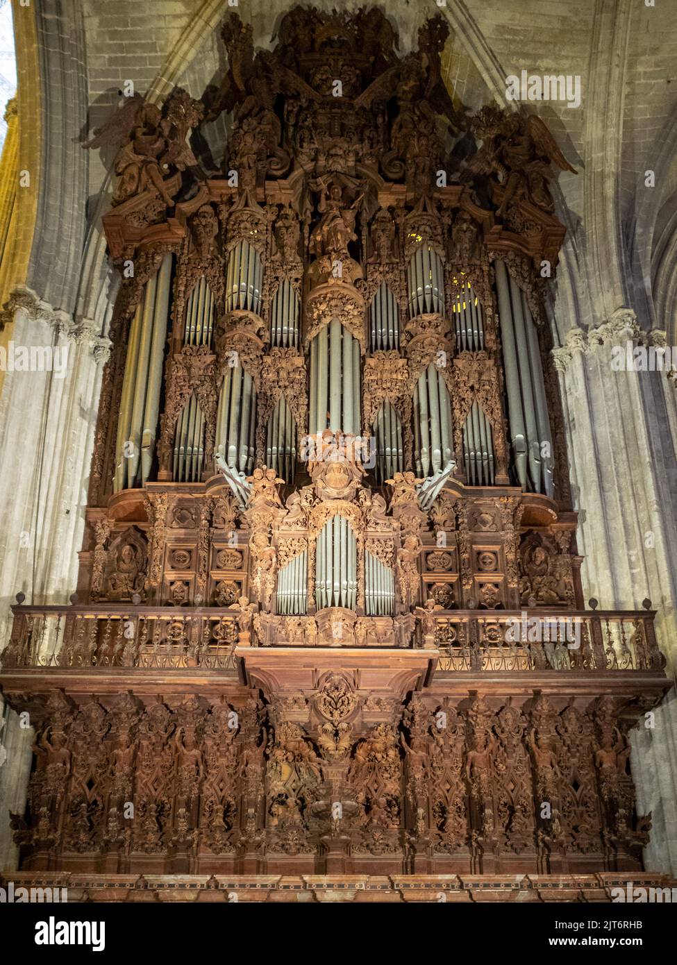 Wood carved organ, Seville Cathedral Stock Photo - Alamy