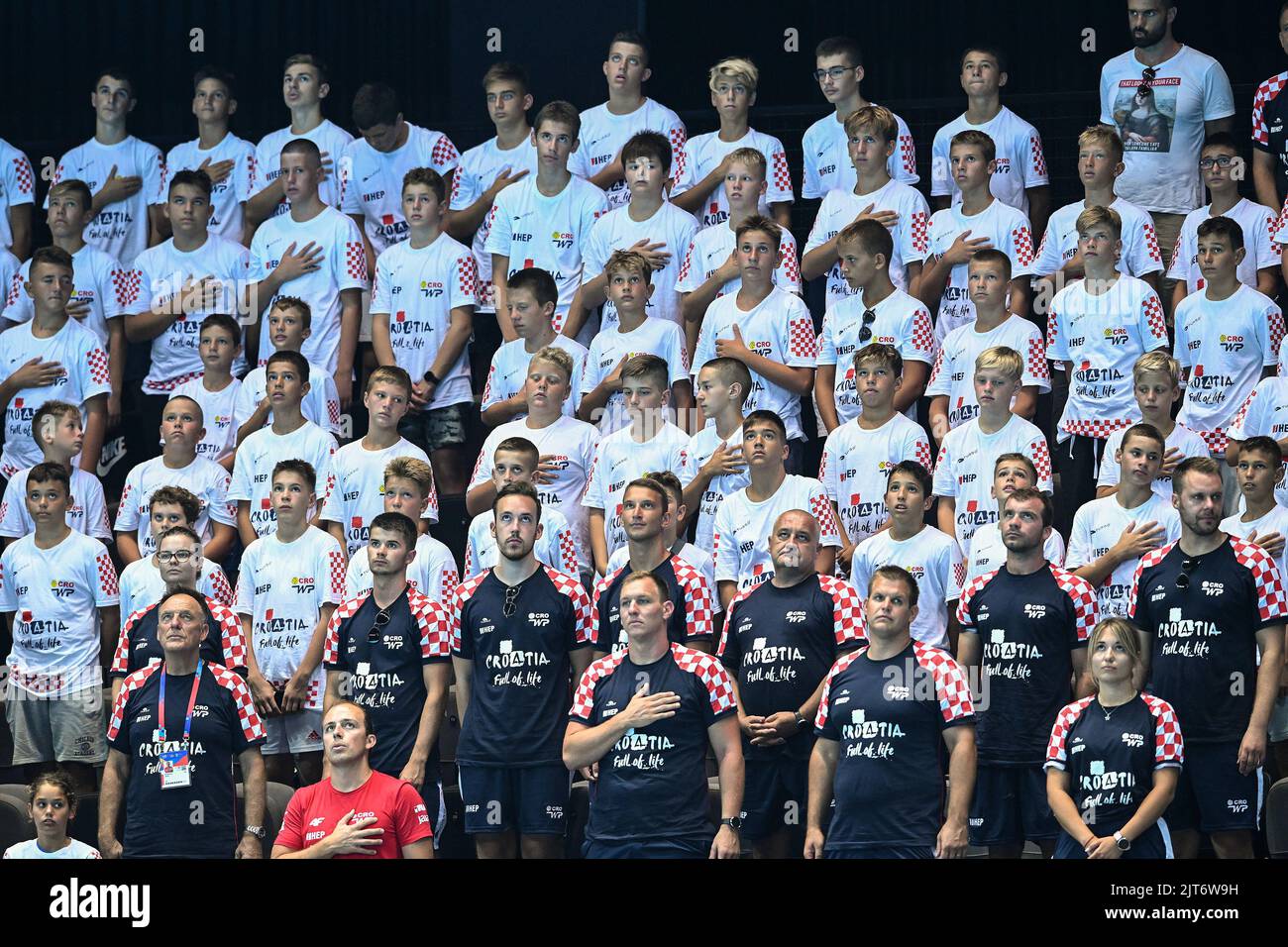 SPLIT, CROATIA - AUGUST 28: Croatian fans during the national anthem ...