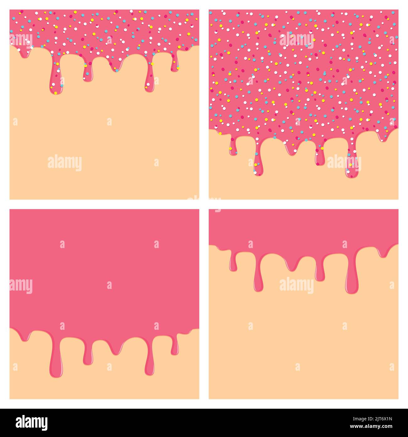 Dripping donut glaze square backgrounds set. Pink liquid sweet flow ...
