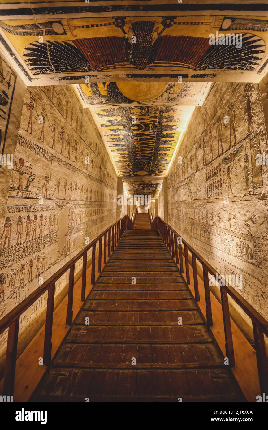 Majestic Interior View to the Corridor and Walls with hieroglyphics and ...
