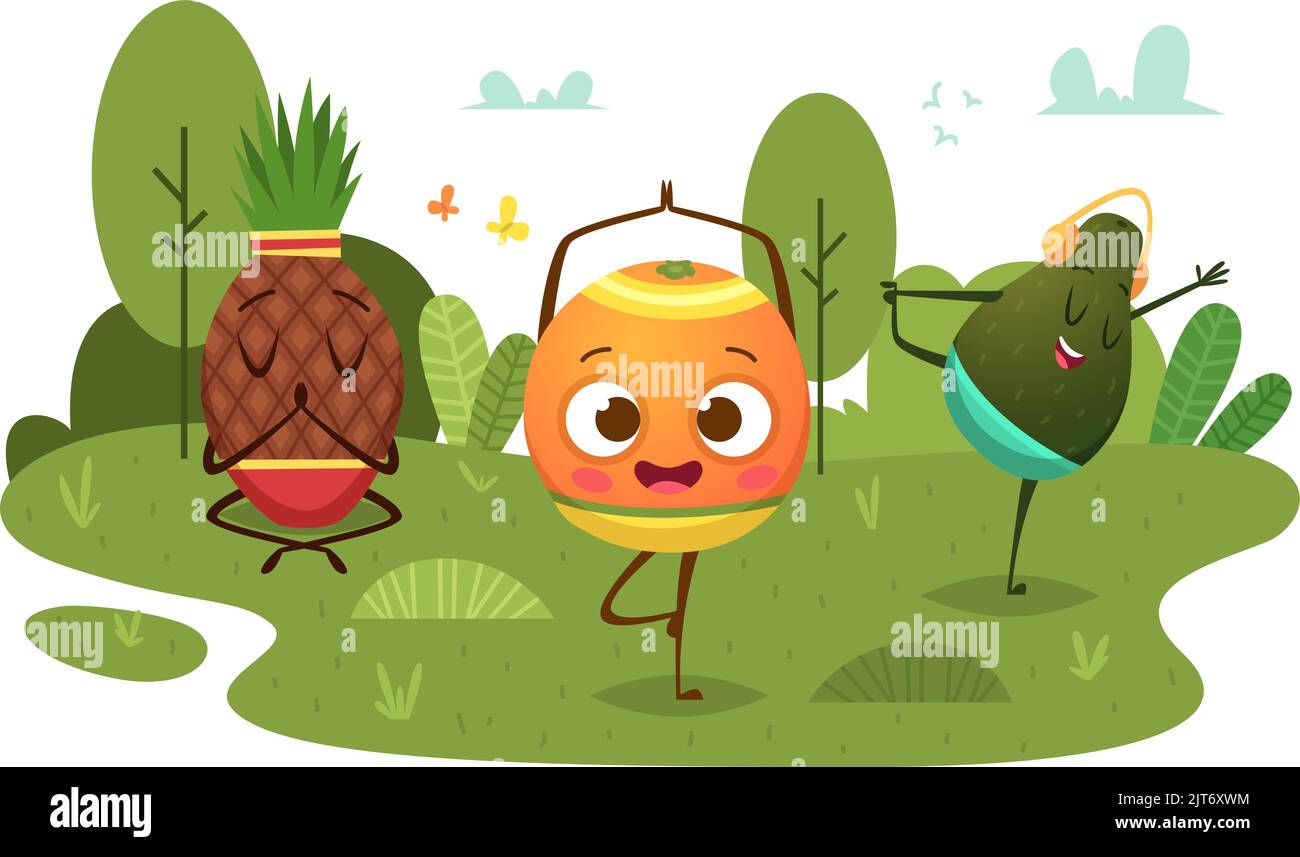 Fruits characters. Sport healthy fruits making exercises yoga relax poses exact vector mascot ...