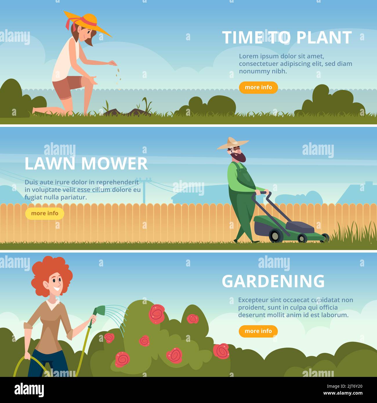 Gardening banners. Home plants and green grass care outdoor nature ...