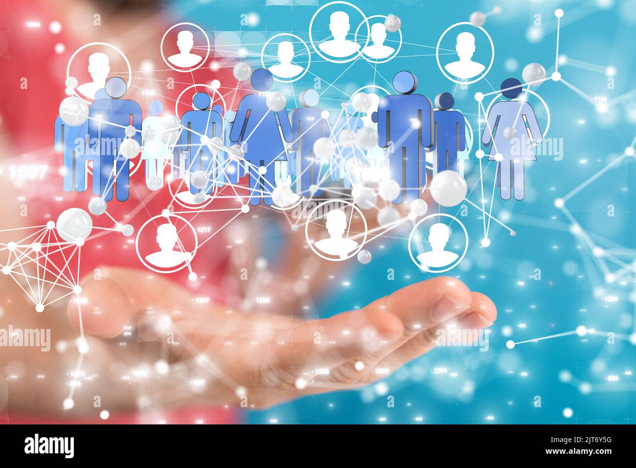 A businessman presenting the 3D rendered blue person icons hologram in ...